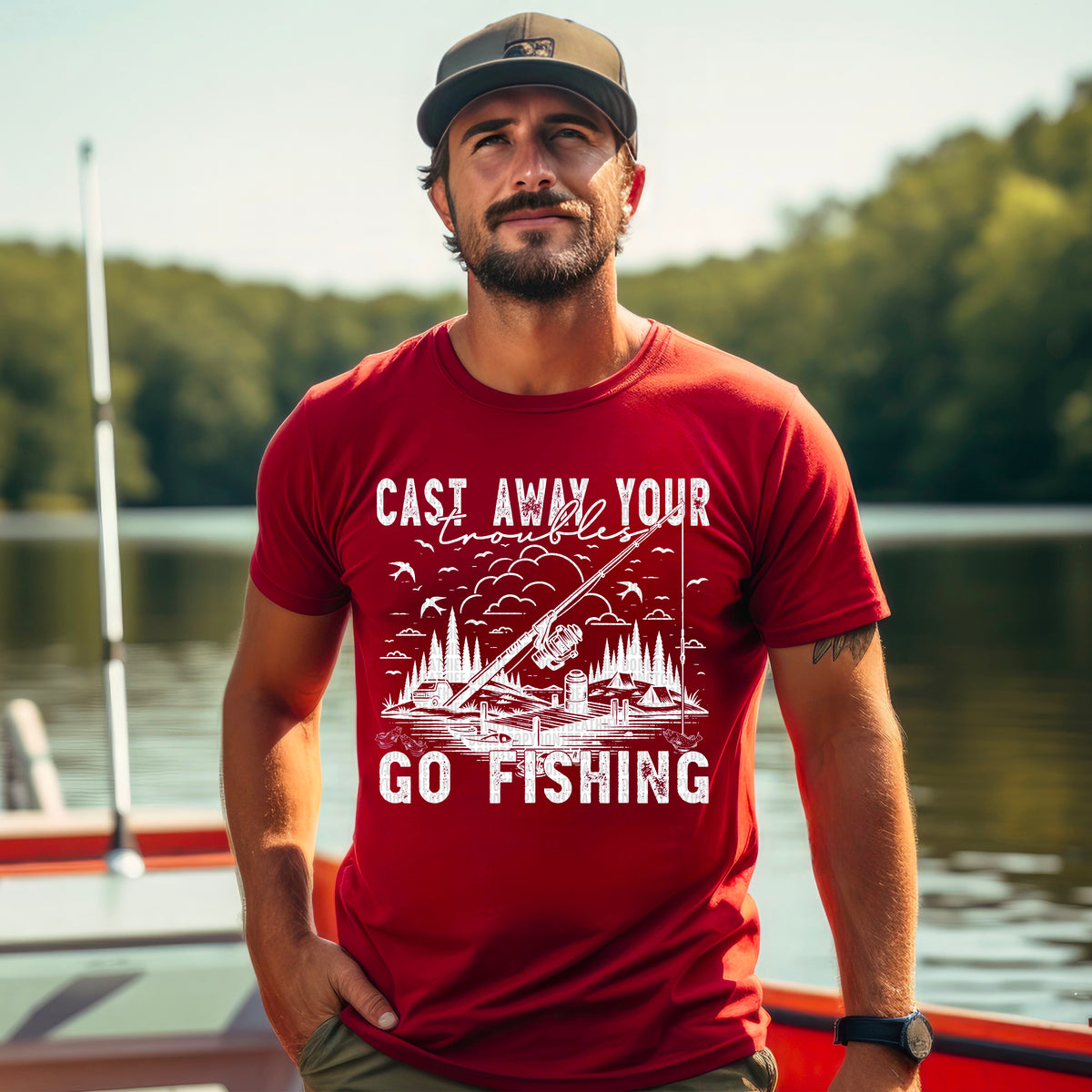 Cast Away Your Troubles Go Fishing White Design T-Shirt – Off the Grid Customs